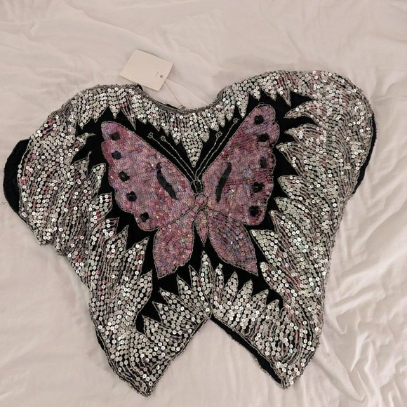 Vintage | Tops | Vintage 8s Black Pink Silk Sequin Butterfly Top | Poshmark